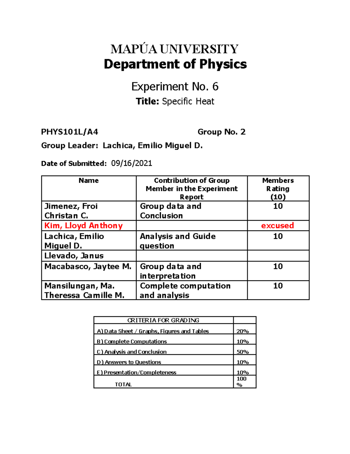 PHYS101L-E106 - PHYS101 Laboratory- Experiment 106 specific heat lab ...