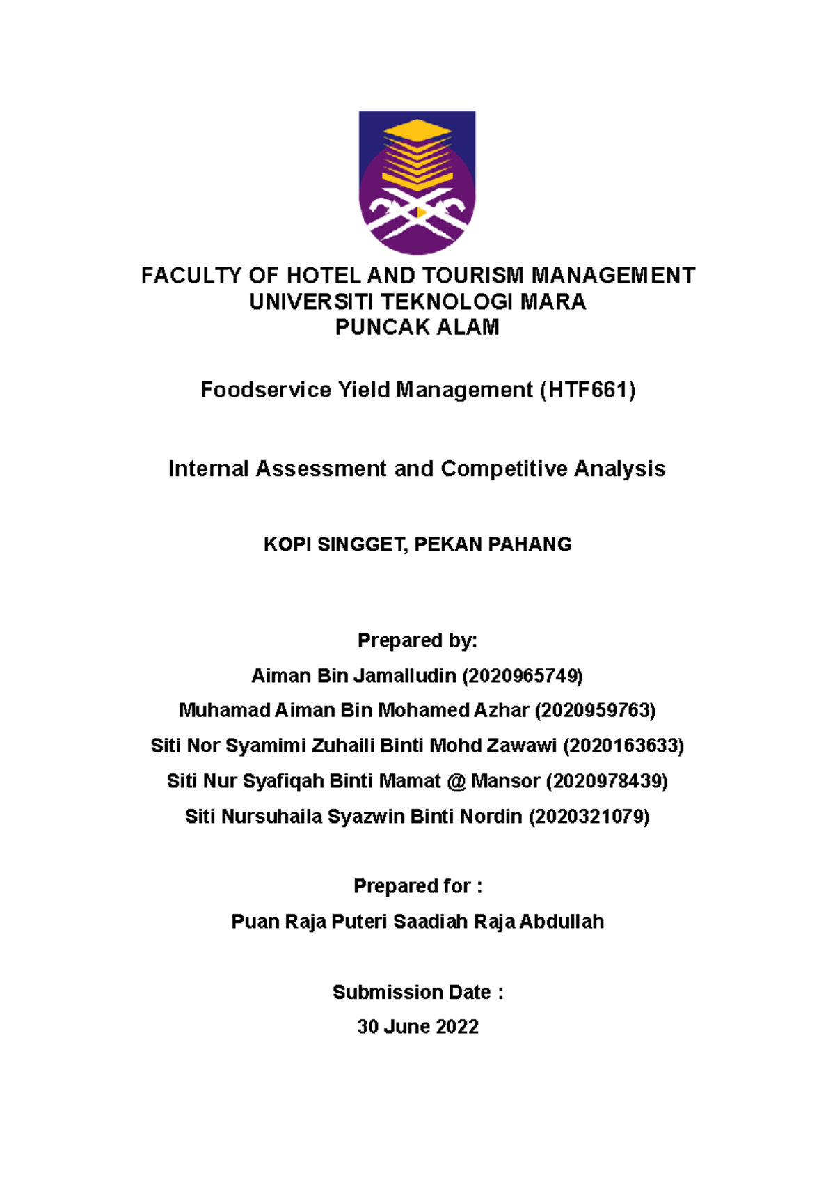 HTF661 - Foodservice Yield Management: Kopi Singget Case Study - Studocu