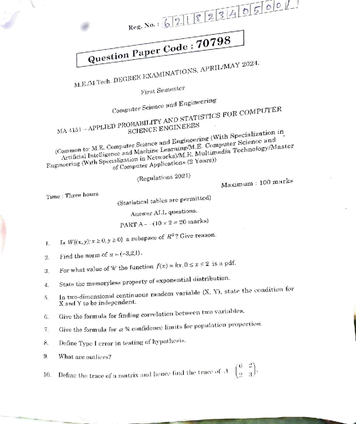 MA4151 Final Exam Question Paper - Probability and Statistics for CSE ...
