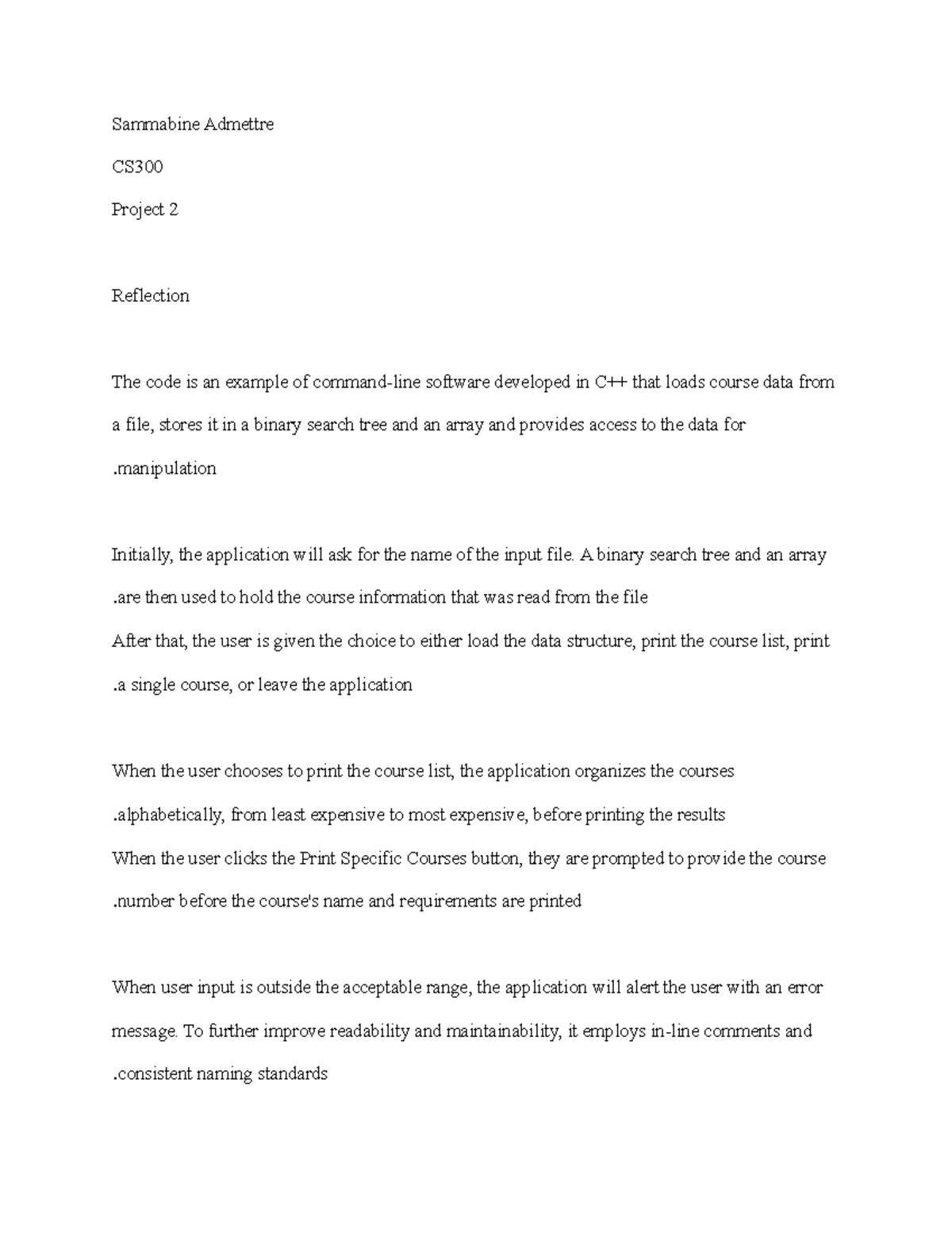 CS300 Project 2: Reflection on C++ Course Data Management - Studocu