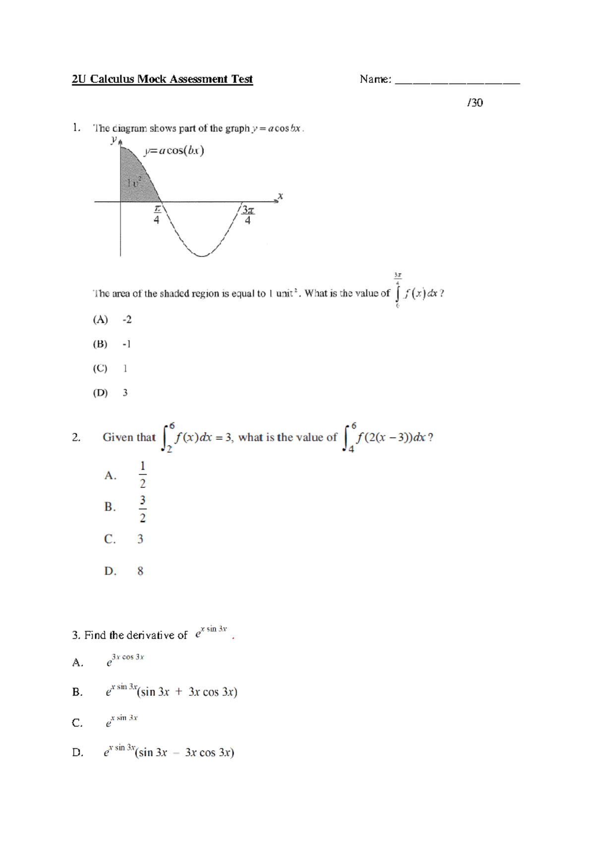 2U Calculus Mock Assessment Test: Derivatives & Stationary Points - Studocu