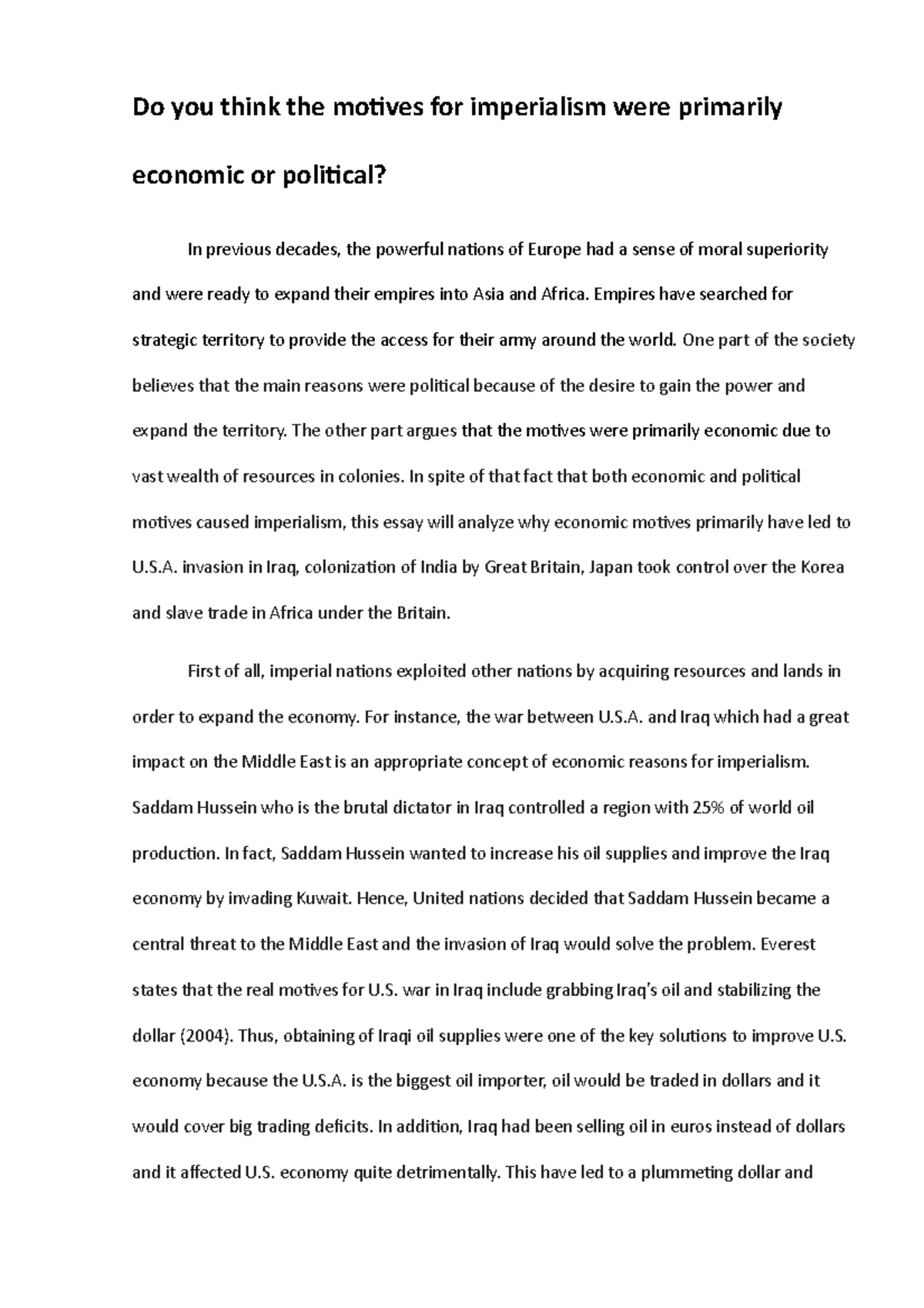 HSS Essay 2 - Do you think the motives for imperialism were primarily ...