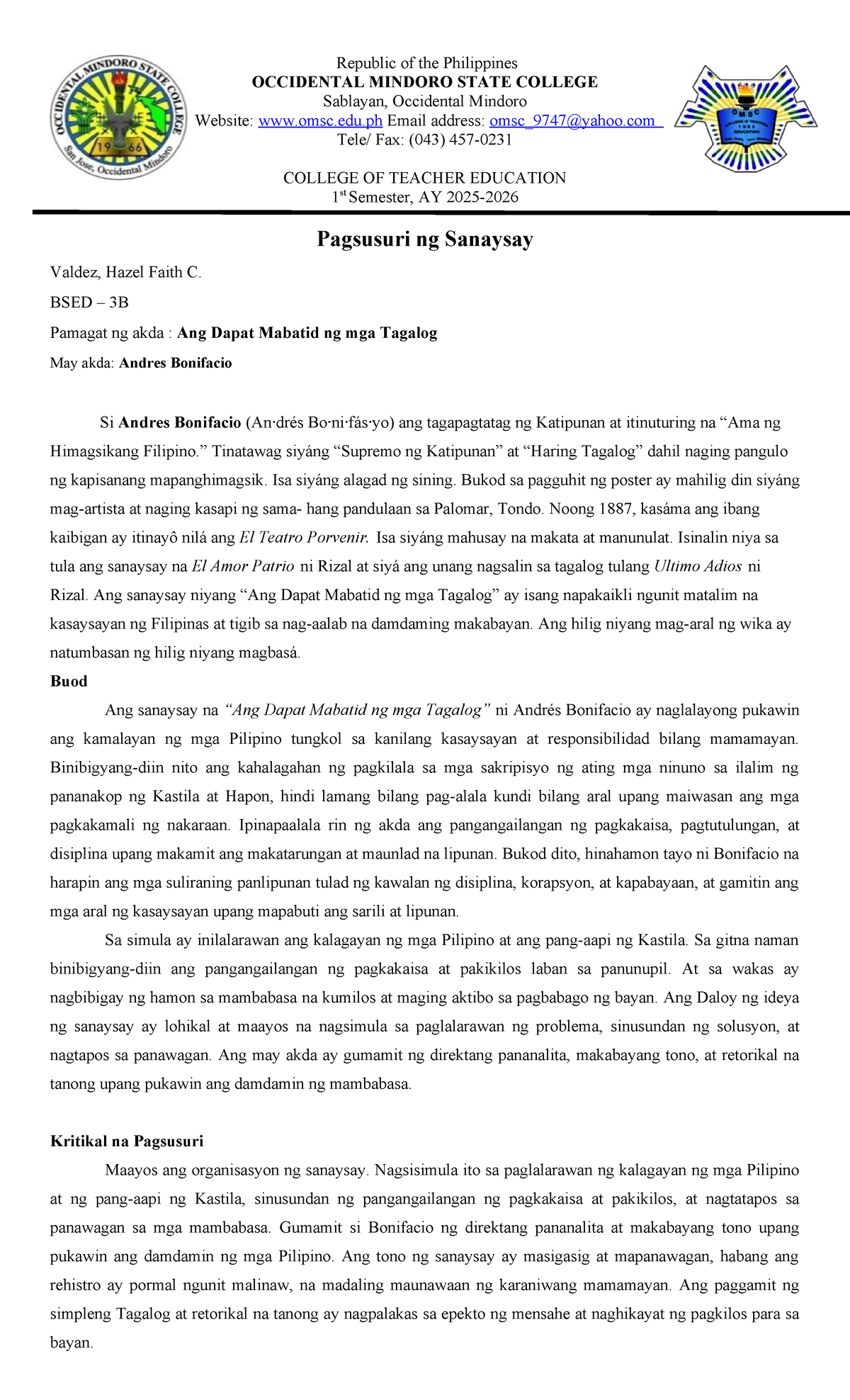 BSED 3B: Pagsusuri ng Sanaysay ni Andres Bonifacio - Studocu