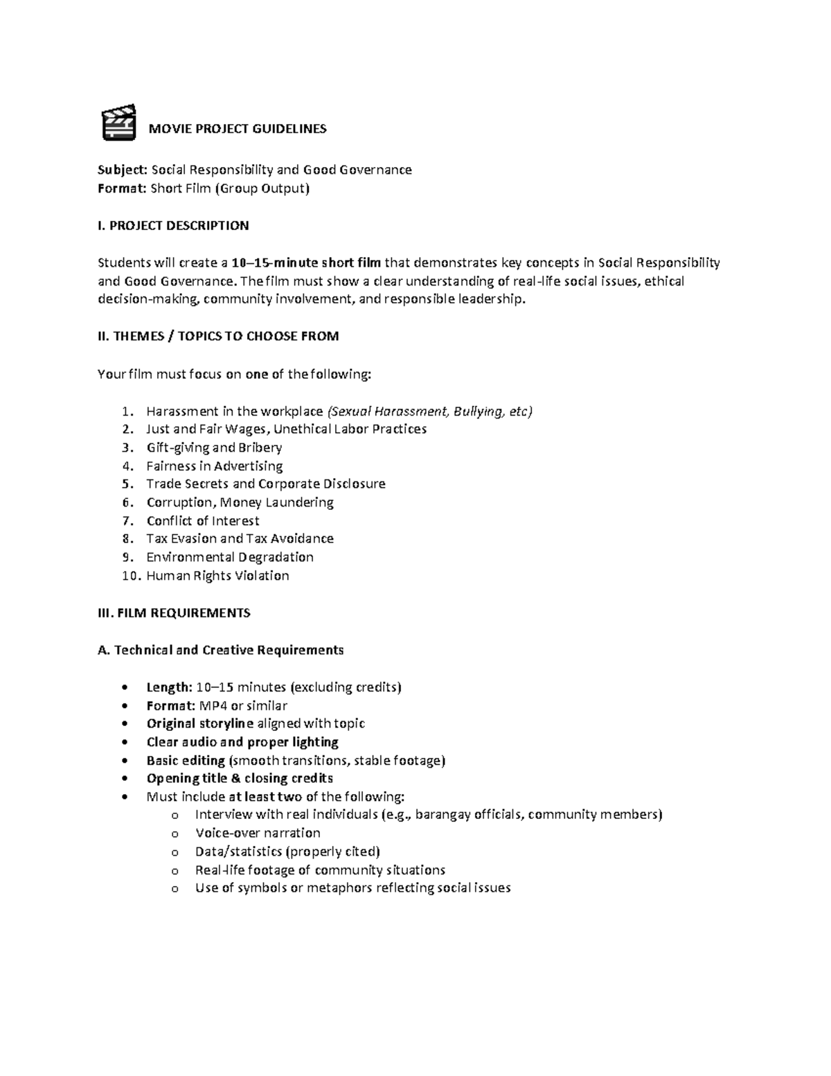 SOC 101: Short Film Project Guidelines on Social Responsibility - Studocu