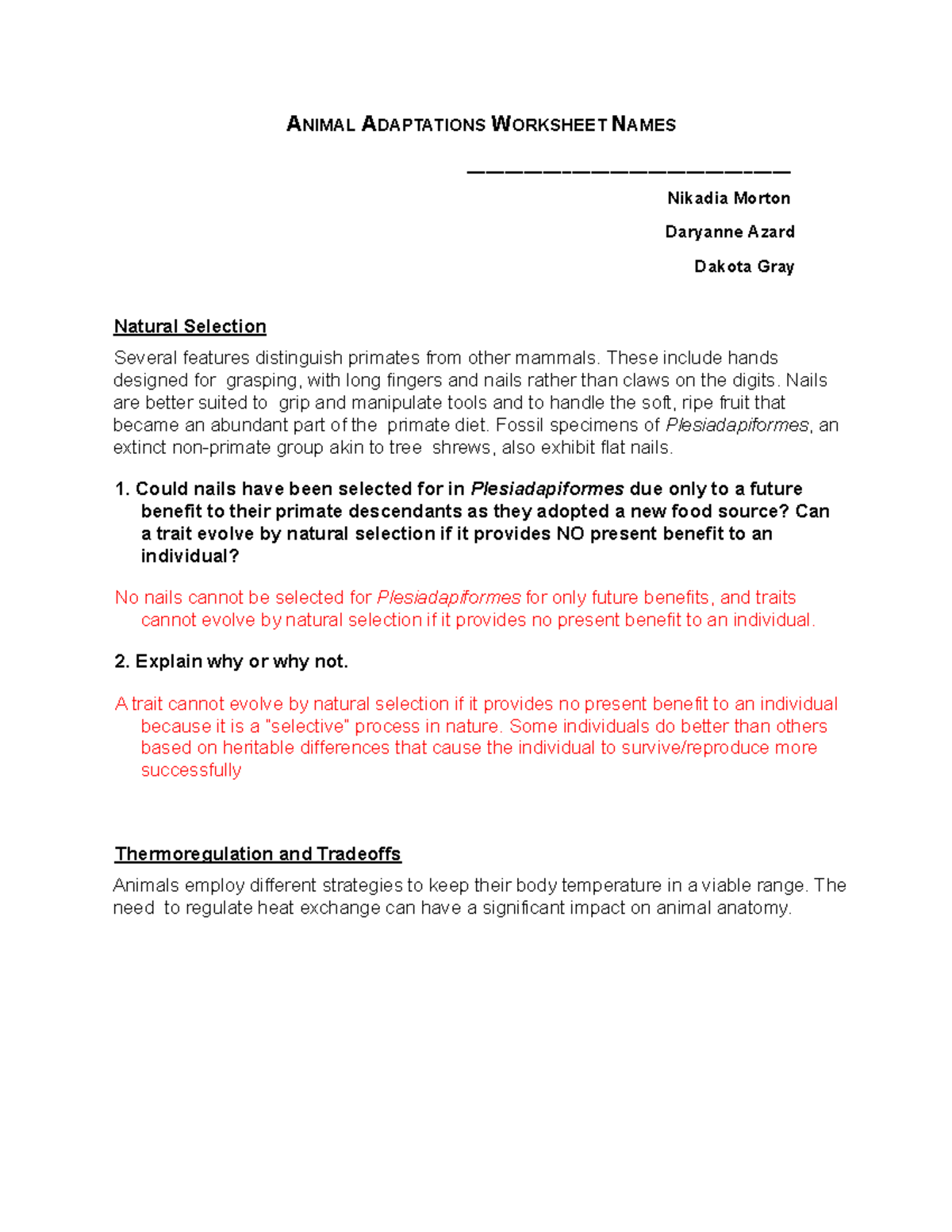 Animal Adaptations Worksheet Notes: Insights on Natural Selection - Studocu