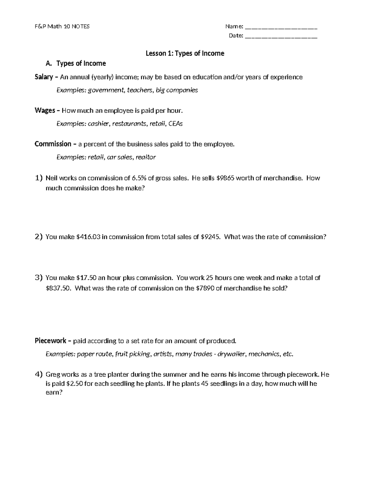 Financial Literacy Notes FP10: Lesson 1 - Types of Income - Studocu