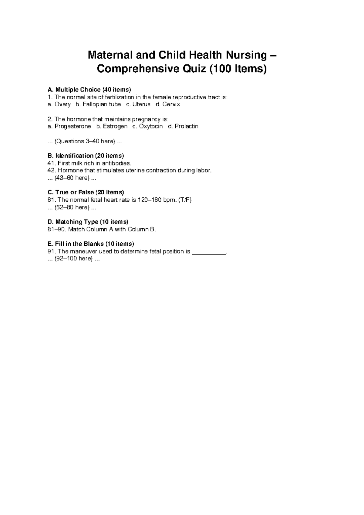 MCHN Comprehensive Quiz: 100 Items on Maternal and Child Health - Studocu
