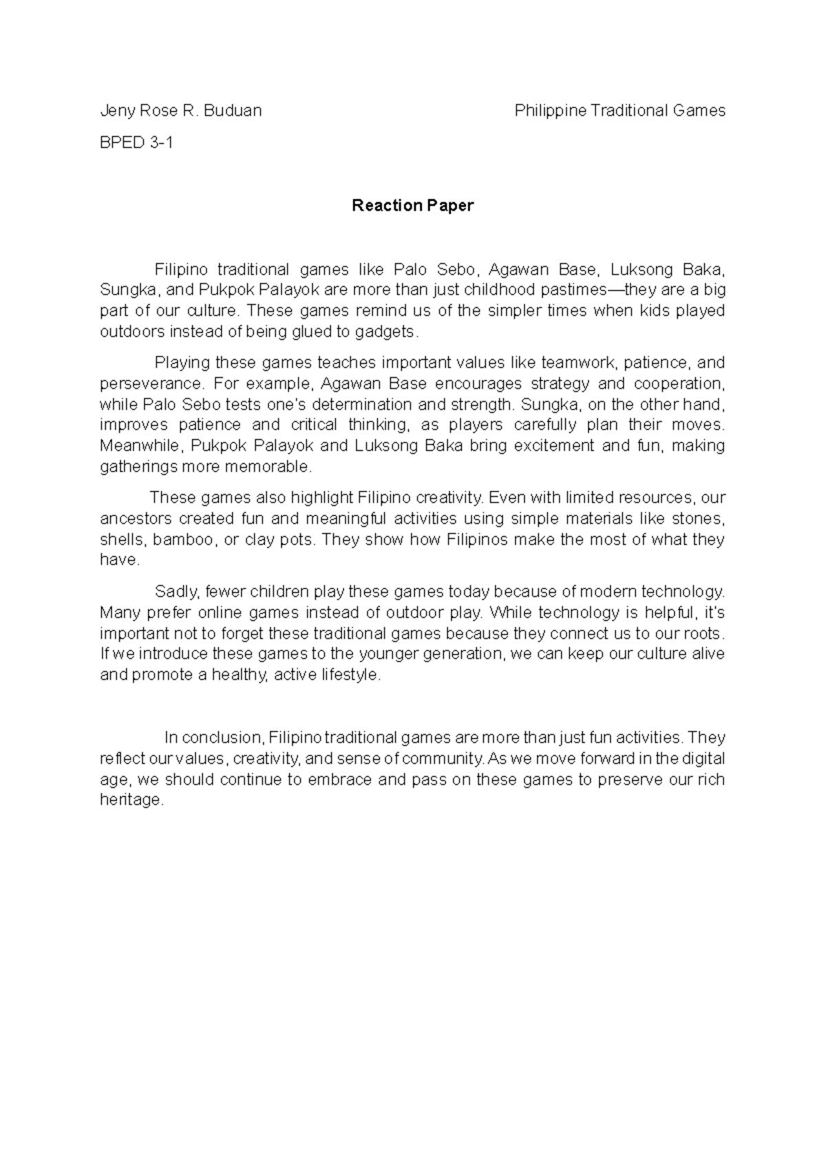 Reaction Paper on Reflection in Filipino Traditional Games (BPED 3-1 ...