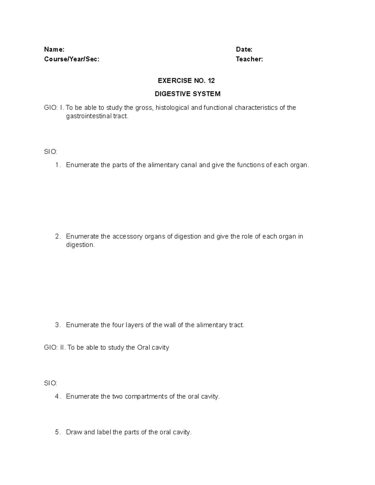 Exercise Lab: Digestive System Study Guide (Course Code) - Studocu