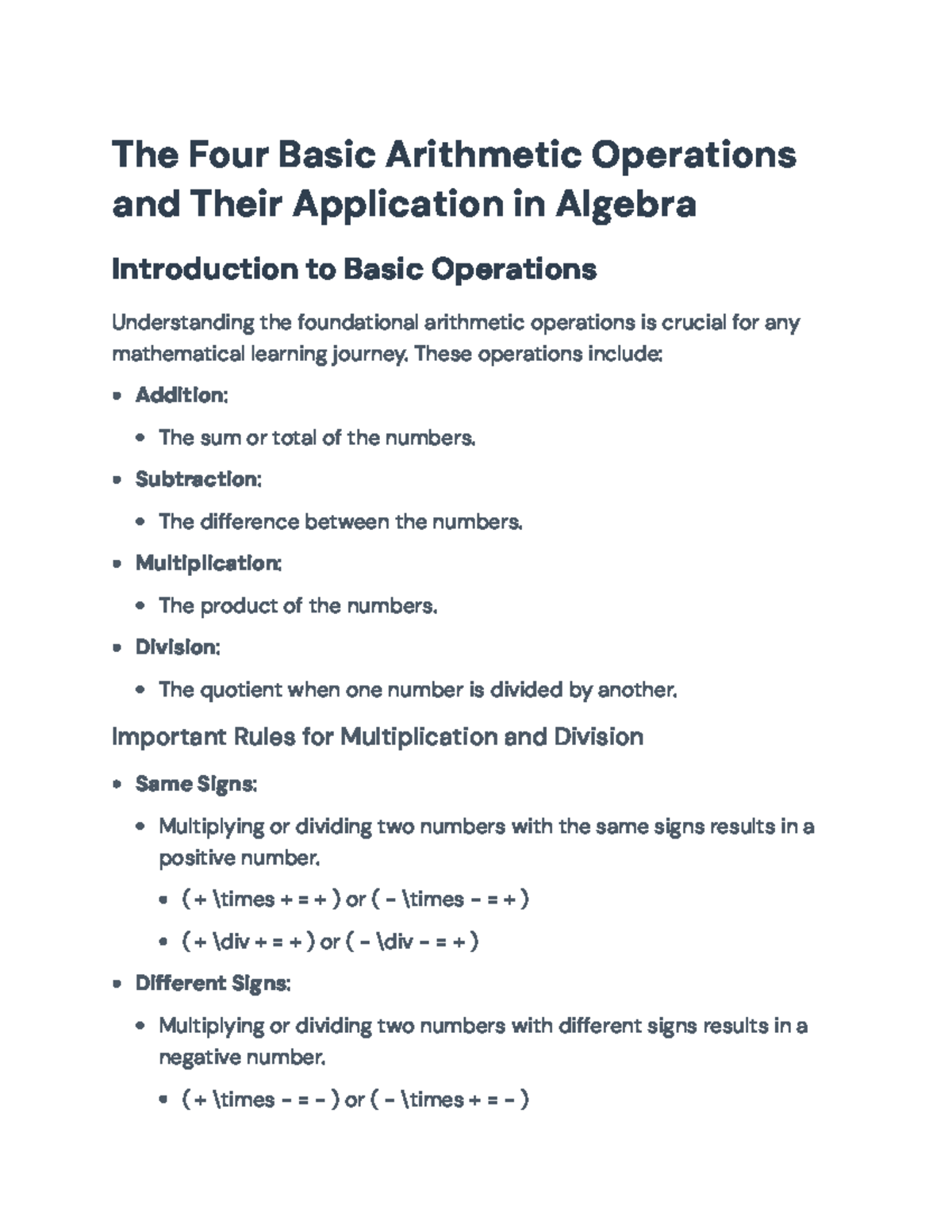 Basic Arithmetic Operations: An Introductory Guide for Algebra - The ...