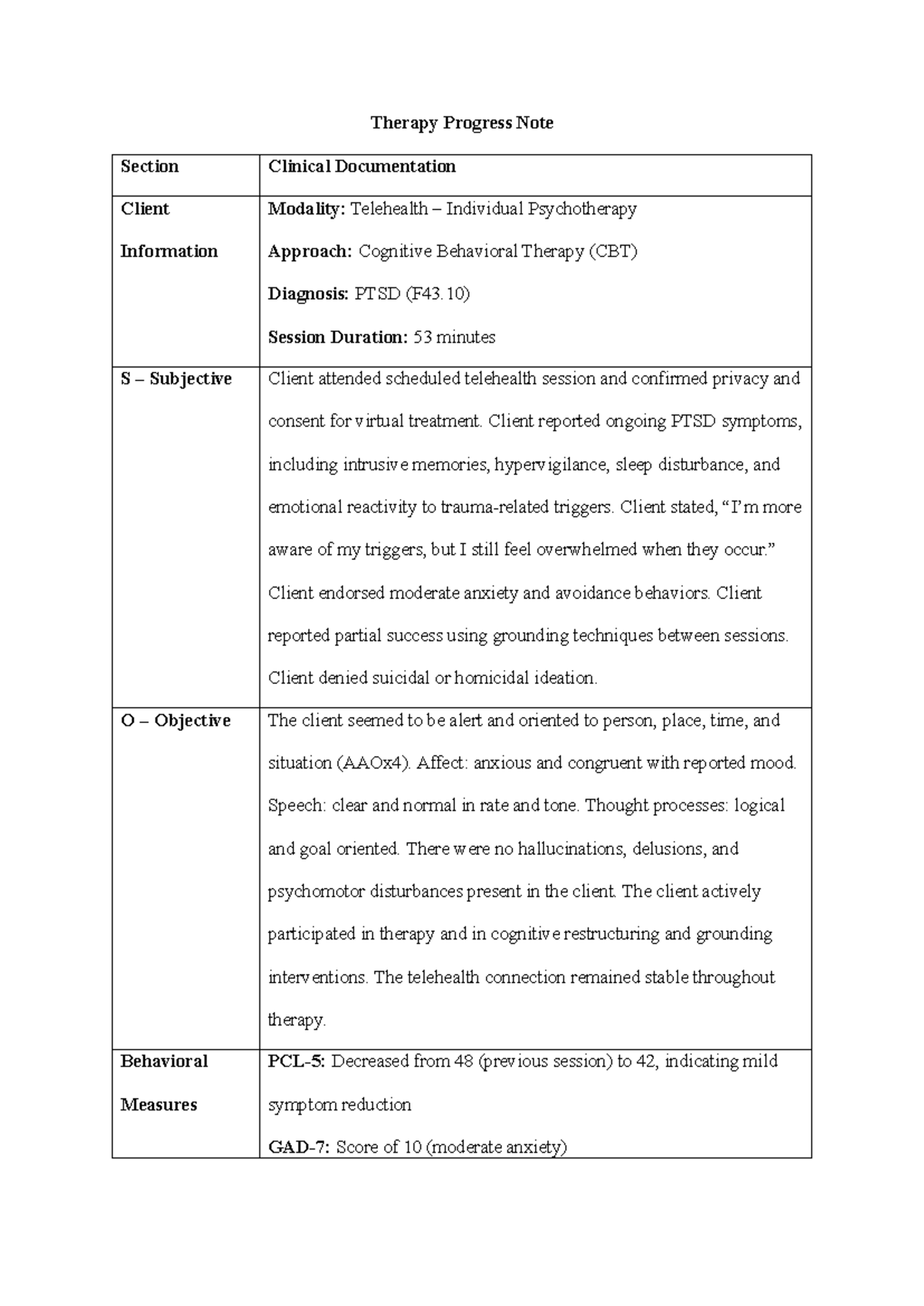 Therapy Progress Note: Telehealth CBT Session for PTSD (F43.10) - Studocu