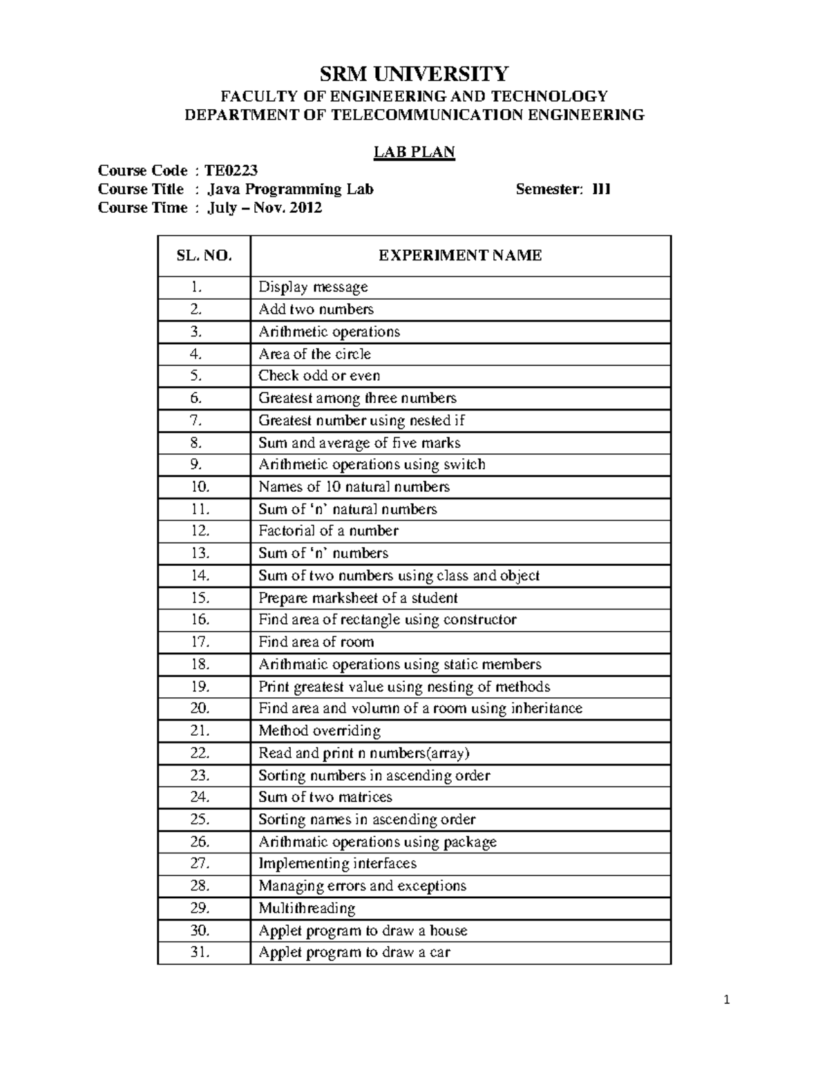 Java Programming Lab Manual TE0223: Experiments and Guidelines - Studocu