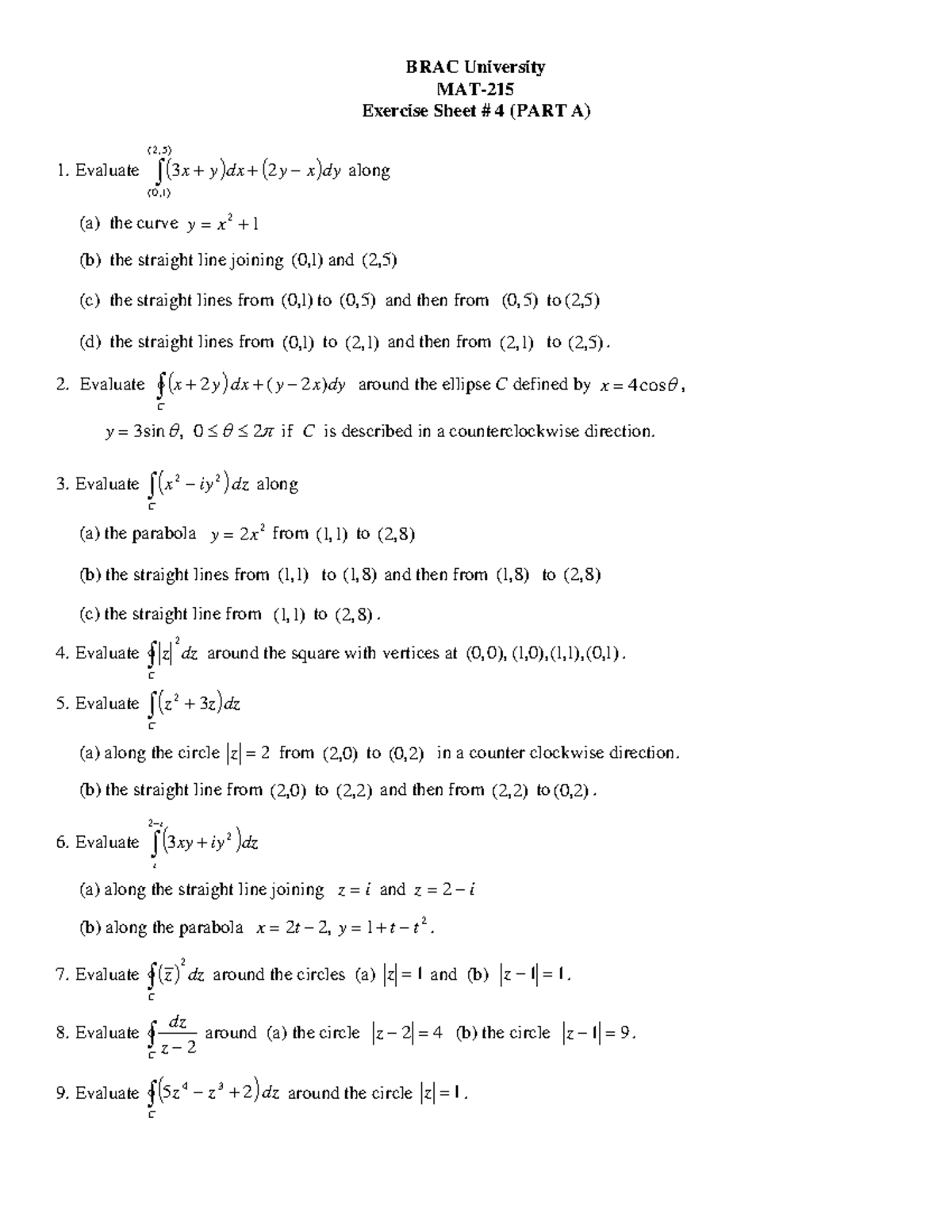 Exercise Sheet # 5 PART A - BRAC University MAT- 215 Exercise Sheet # 4 ...