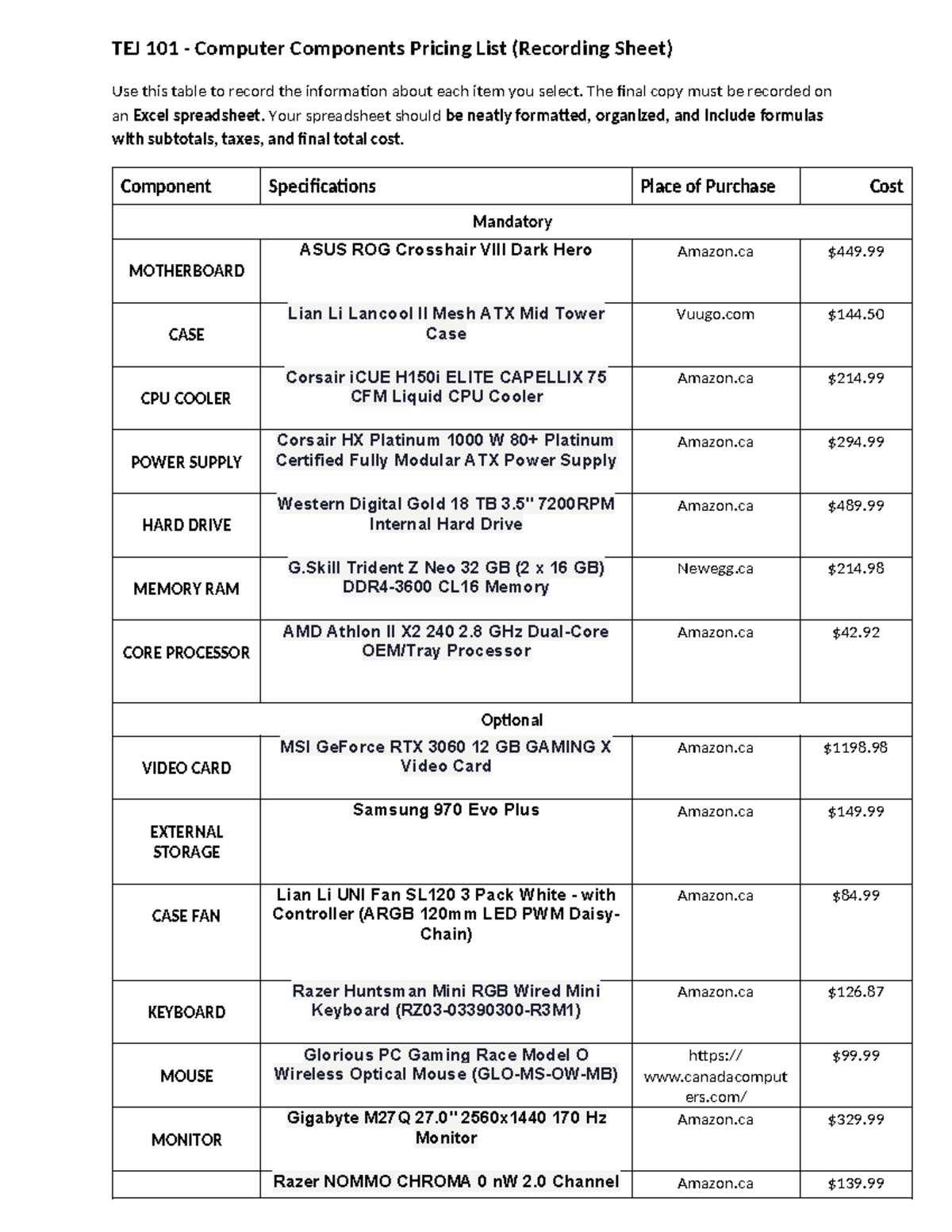 TEJ 101 Computer Components Pricing List & Selection Guide - Studocu