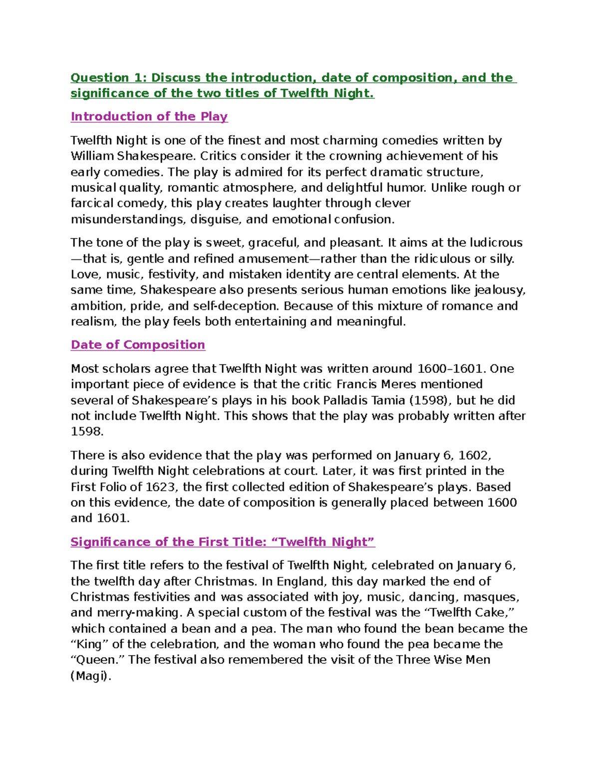 Classical Drama Chapter 09: Twelfth Night Analysis and Themes - Studocu