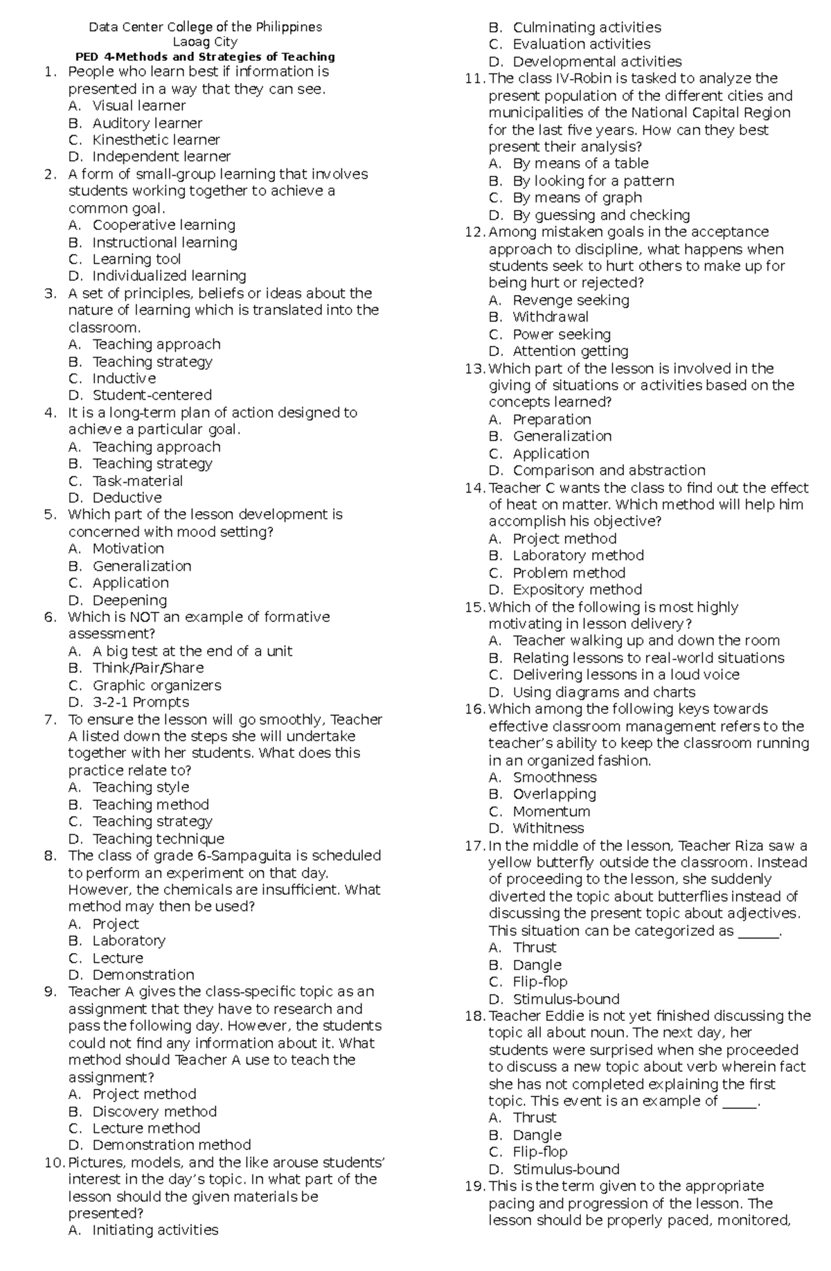 PED 4: Methods and Strategies of Teaching Overview and Key Concepts - Studocu