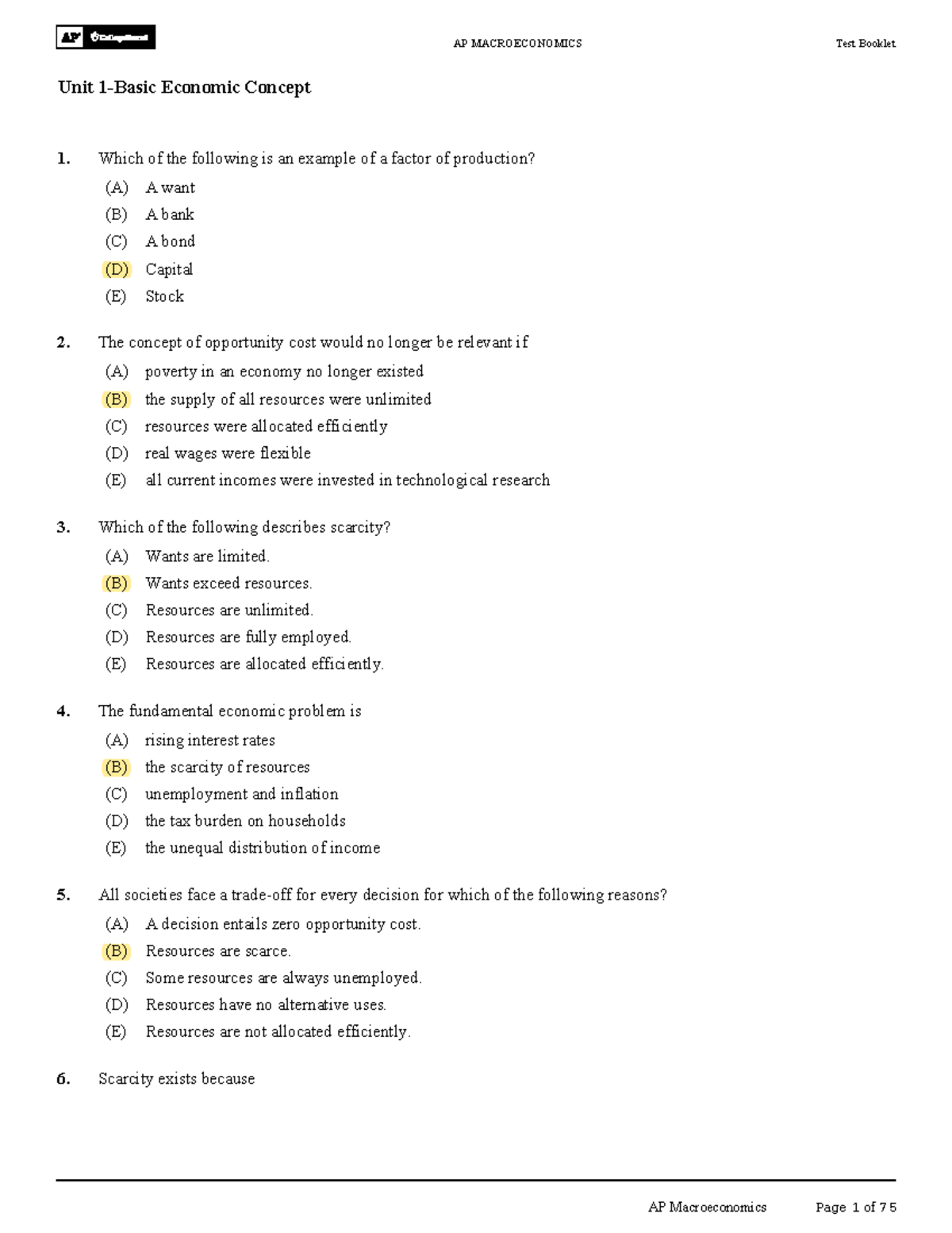 AP MACROECONOMICS Test Booklet Unit 1 MCQ Practice Questions - Studocu