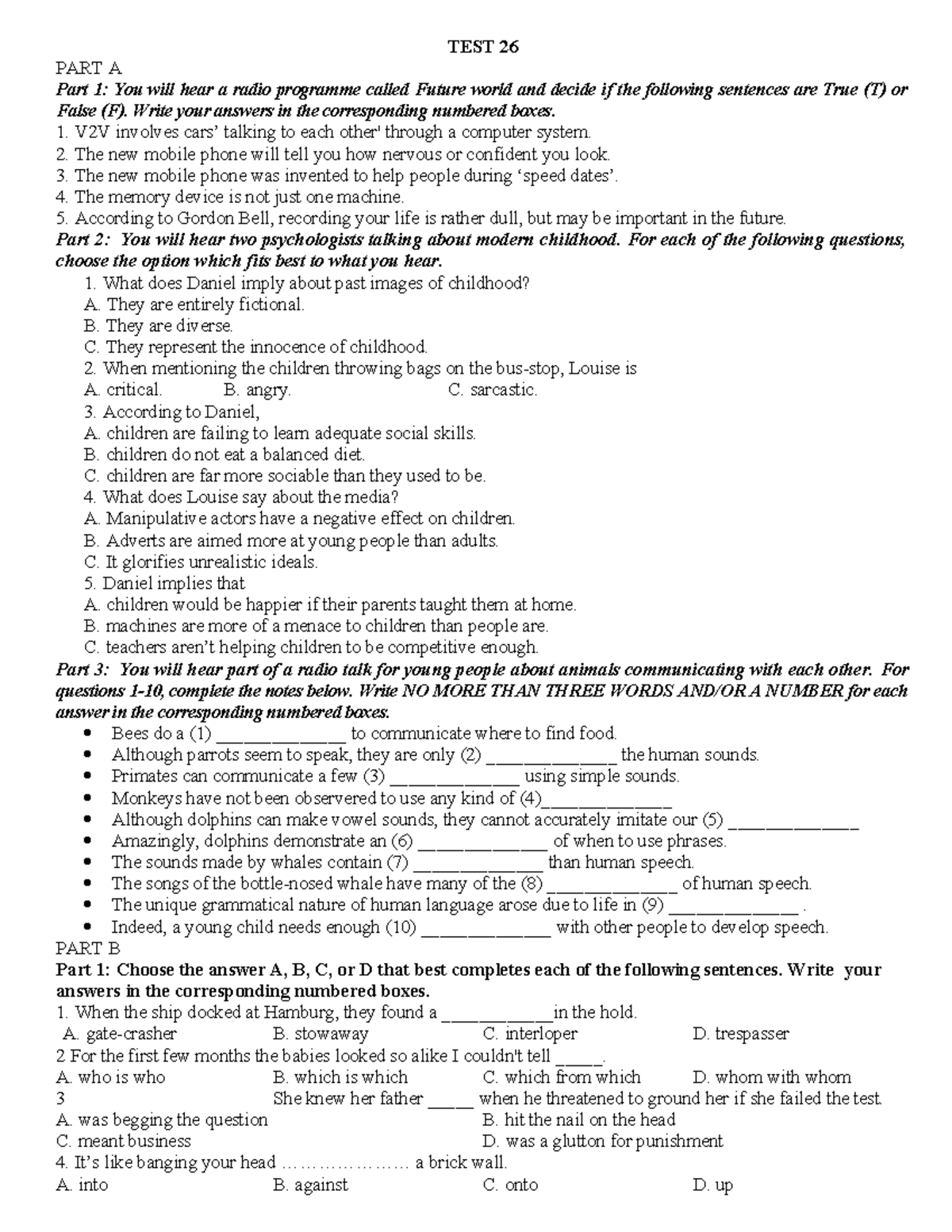 TEST 26 HS - Listening Comprehension and Language Skills Exam - Studocu