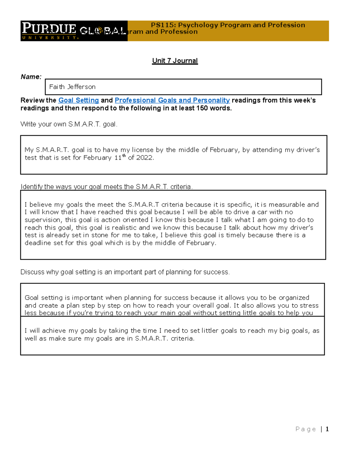 Psych and Profession unit 7 assignment - Unit 7 Journal Name: Review ...