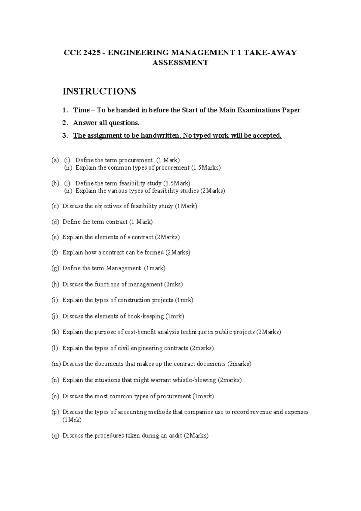 CCE 2425 Engineering Management Assessment Instructions for CAT - Studocu