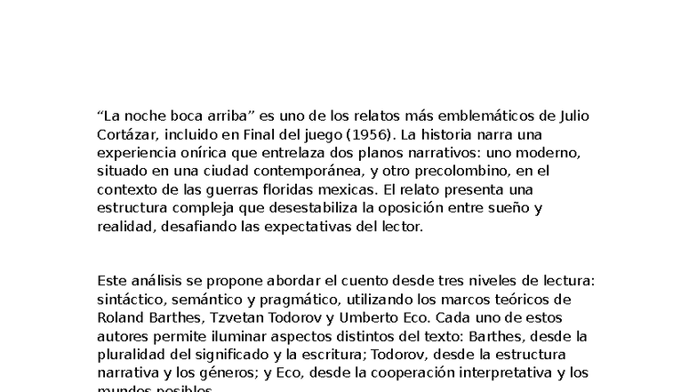 Análisis de "La noche boca arriba" en el contexto de Cortázar - Studocu