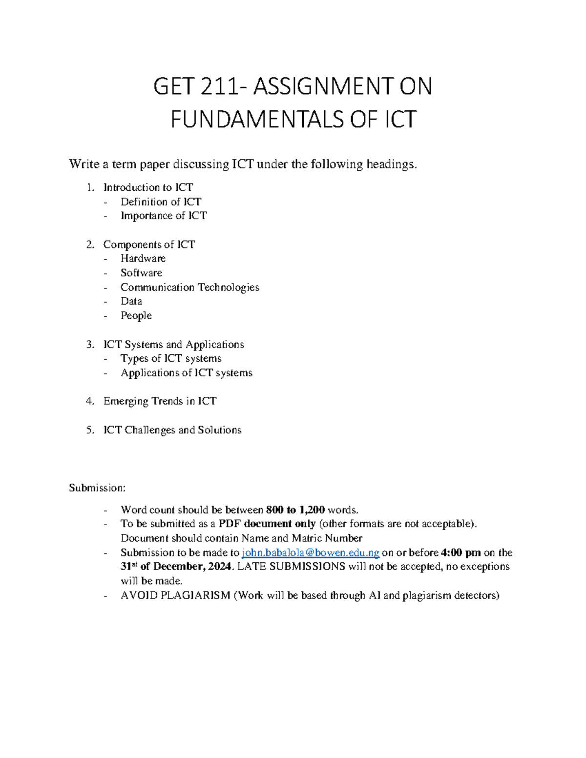 GET 211 - Term Paper on Fundamentals of ICT: Key Concepts & Trends ...