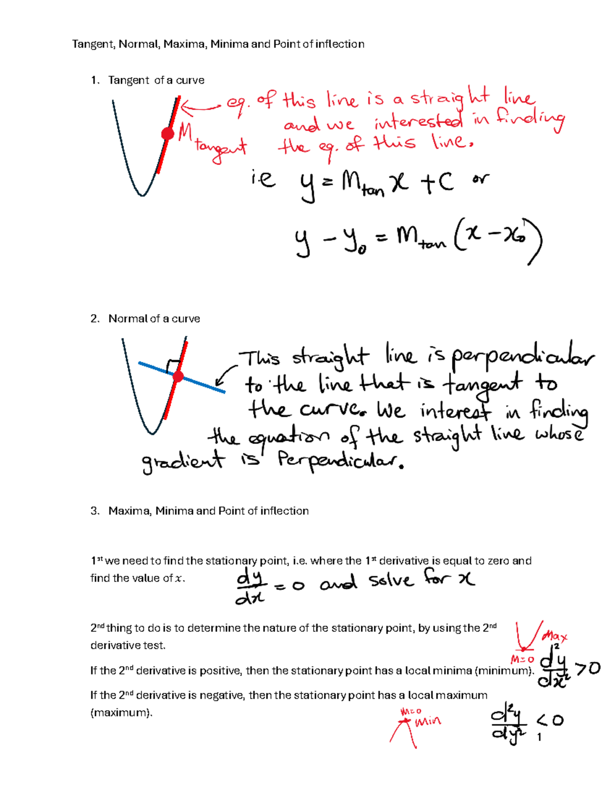 Calculus Concepts: Tangent, Normal, Maxima, Minima & Inflection Points - Studocu