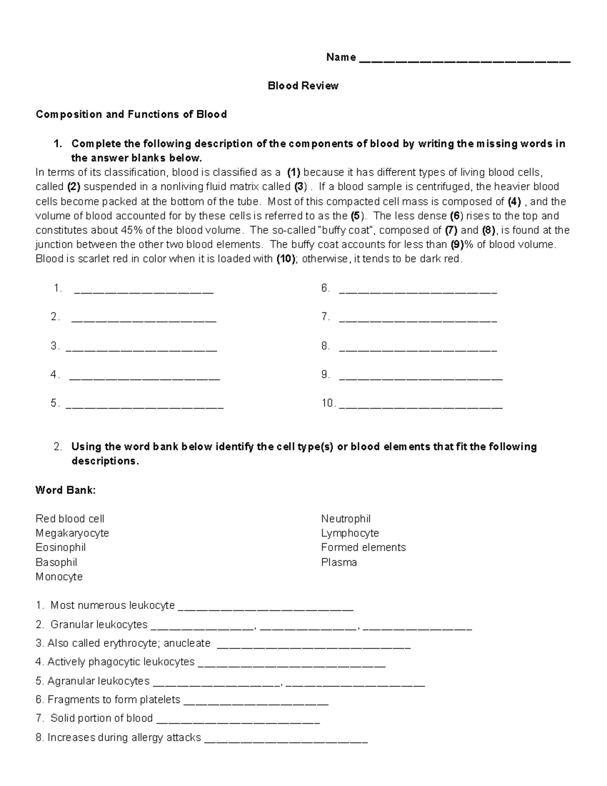 Blood Review: Composition and Functions of Blood (BIO 101) - Studocu