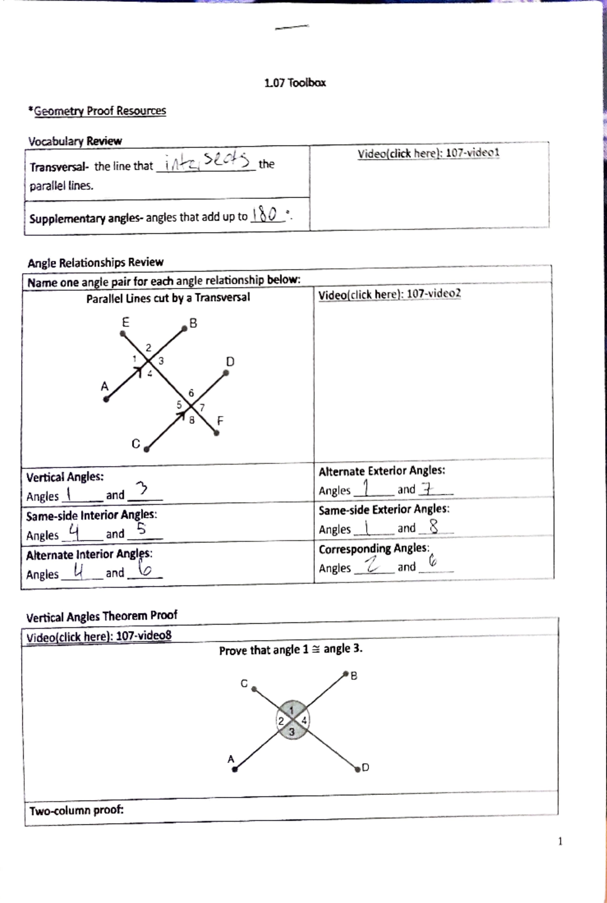 FLVS Geometry 1.07 Toolbox: Proofs & Angle Relationships - Studocu