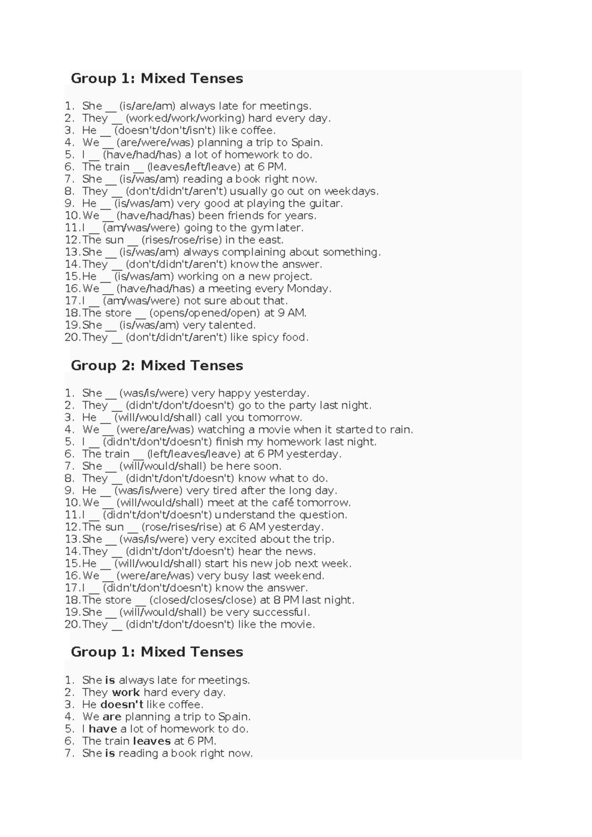 Mixed Tenses Practice Exercises for ESL Learners - Studocu