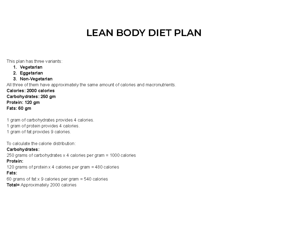 LEAN BODY DIET PLAN: Vegetarian, Eggetarian & Non-Vegetarian Options ...