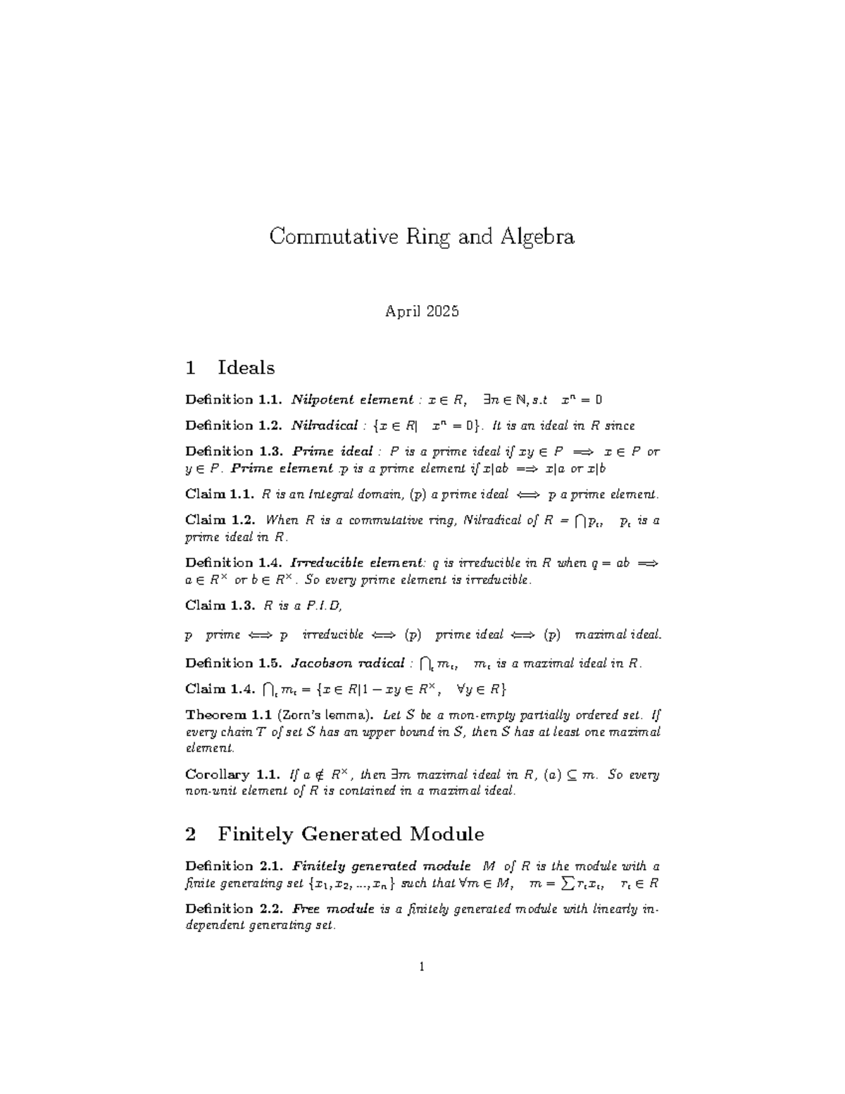 Commutative Ring and Algebra Notes - April 2025 - Studocu