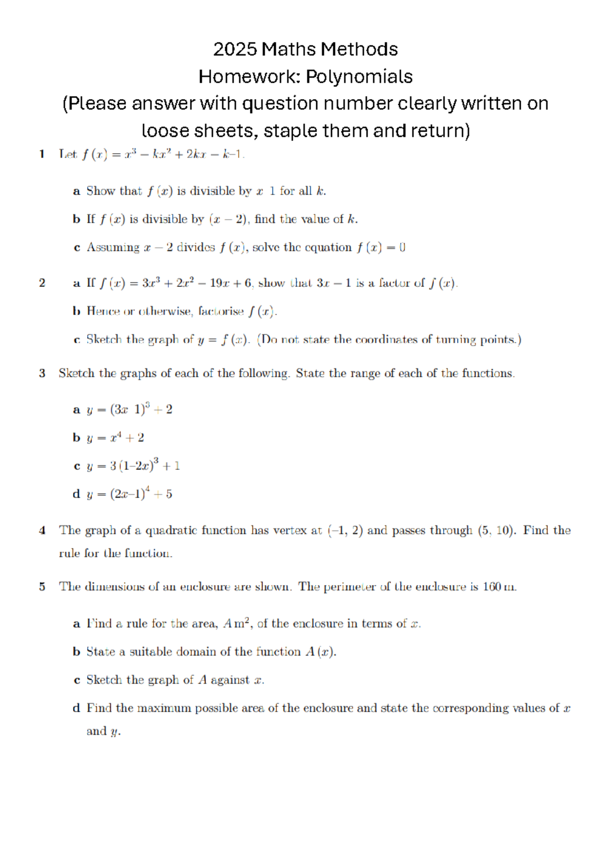 Vce Methods Unit 3 Polynomials Homework 2025 Maths Methods Homework