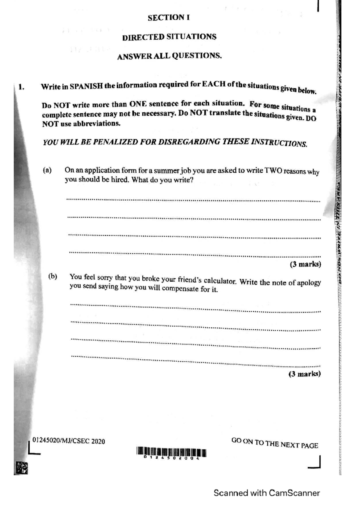 CSEC Spanish Past Paper 2 June 2020: Directed Situations ...