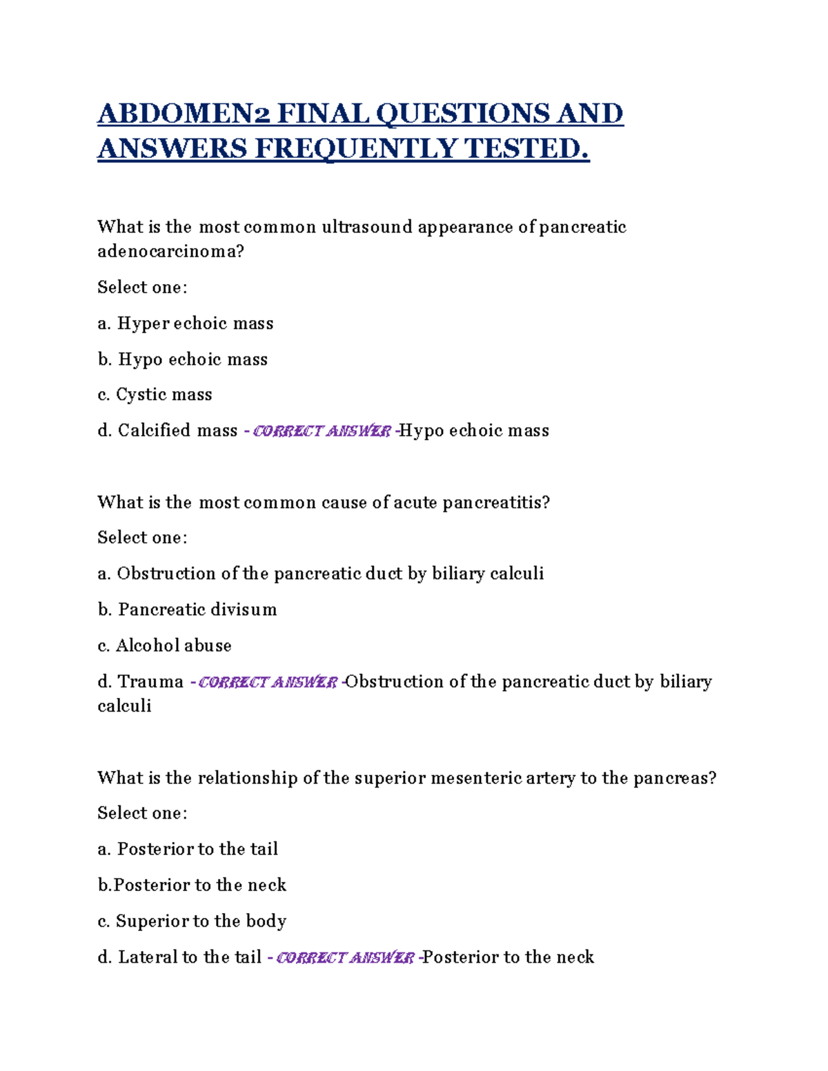 ABDOMEN2 FINAL EXAM QUESTIONS & ANSWERS REVIEW - Studocu