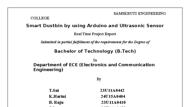 Smart Dustbin Project Report (B.Tech ECE) Using Arduino & Ultrasonic ...