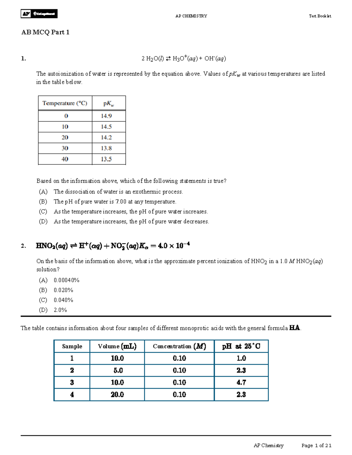 AP CHEMISTRY Test Booklet AB MCQ Practice - Part 1 - Studocu