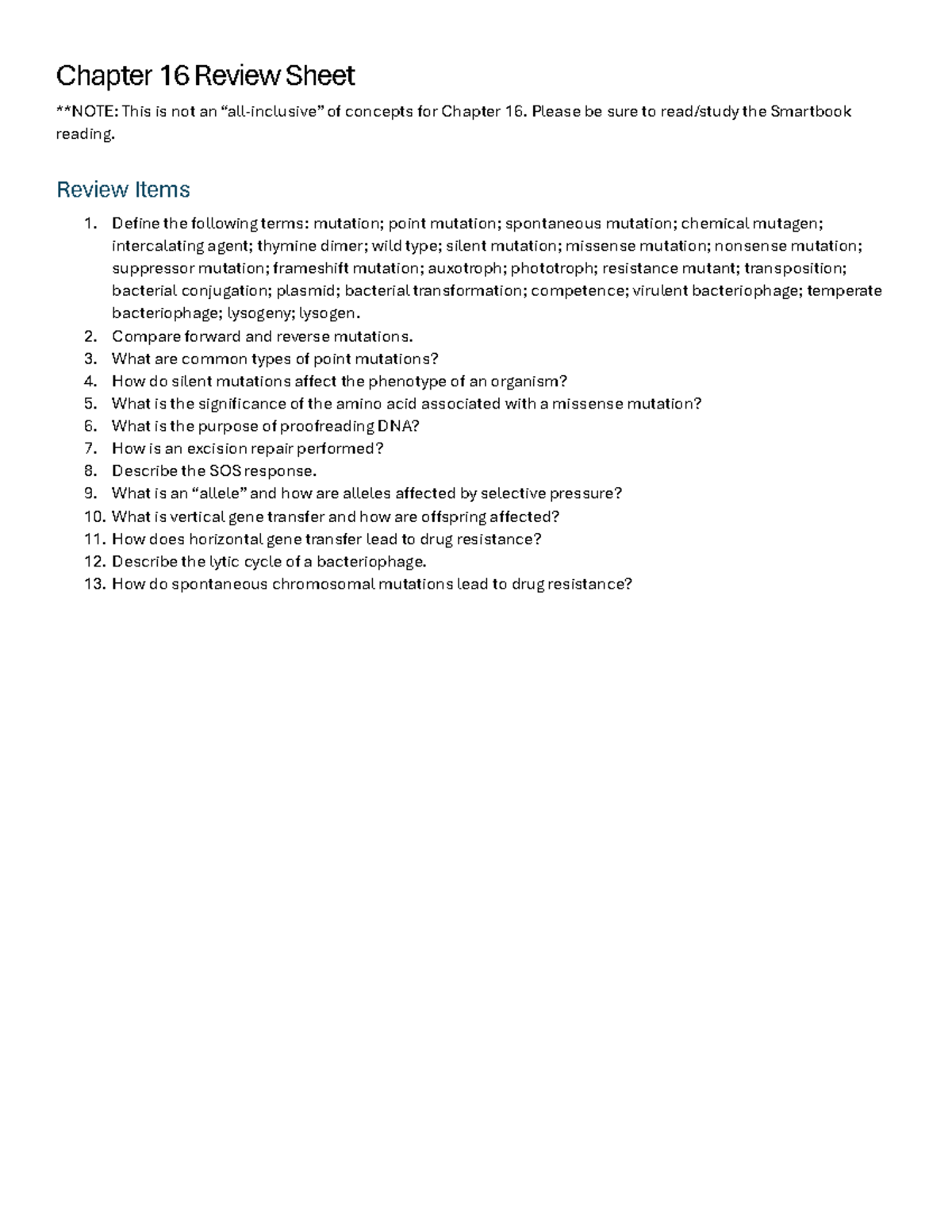 Chapter 16 Review Sheet: Genetics and Mutations - Studocu