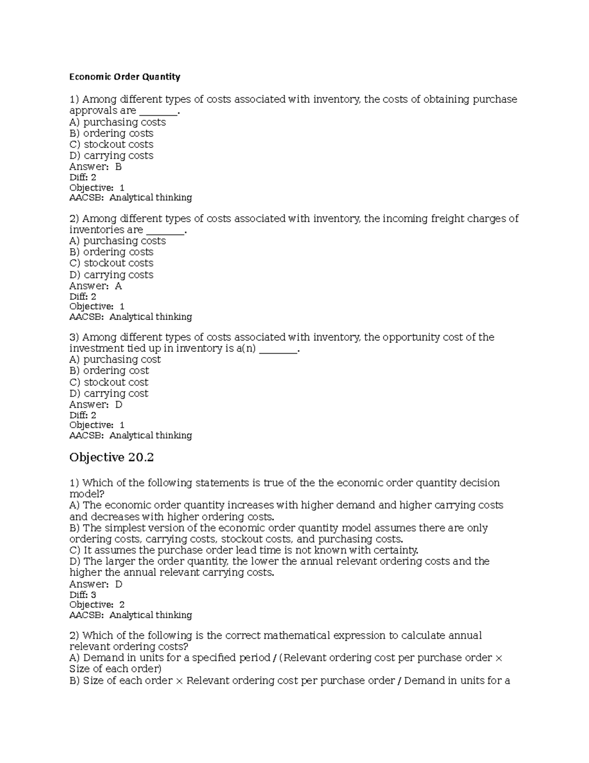 EOQ Test Bank - Practice Questions and Answers - Studocu