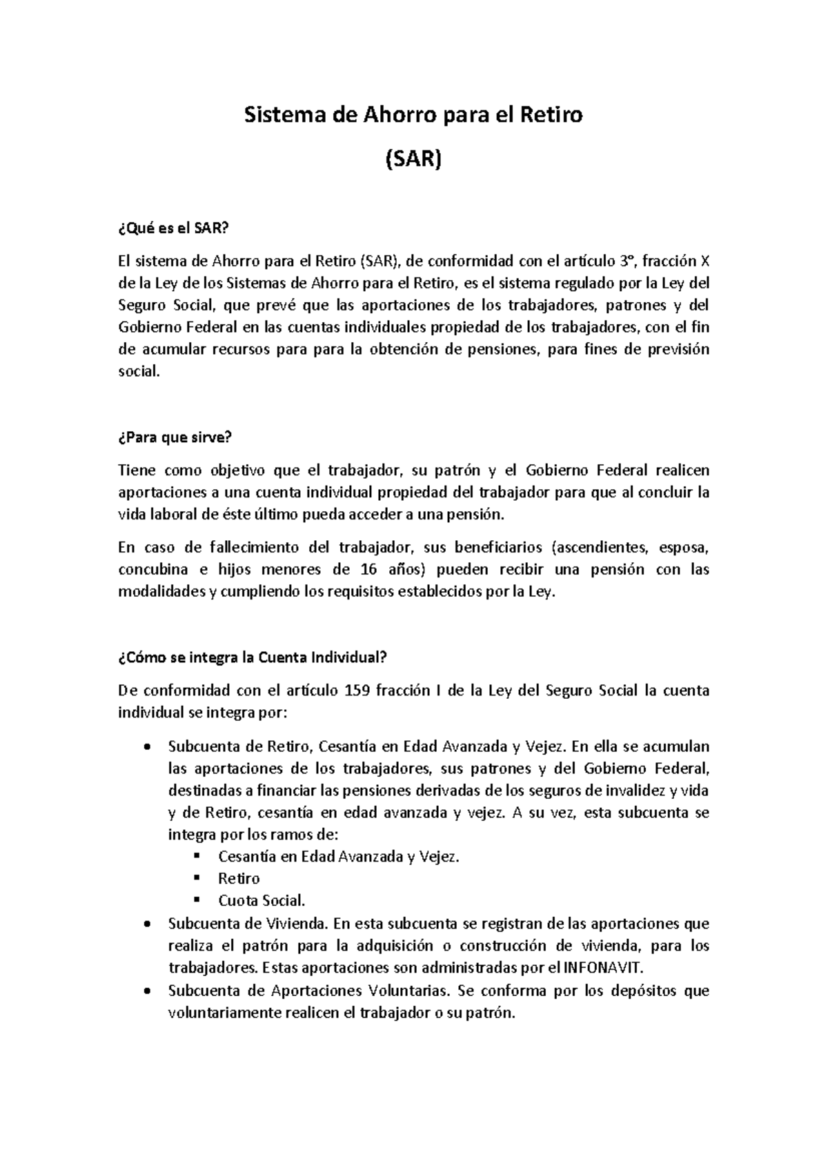 Sistema de Ahorro para el Retiro (SAR): Funciones y Estructura - Studocu