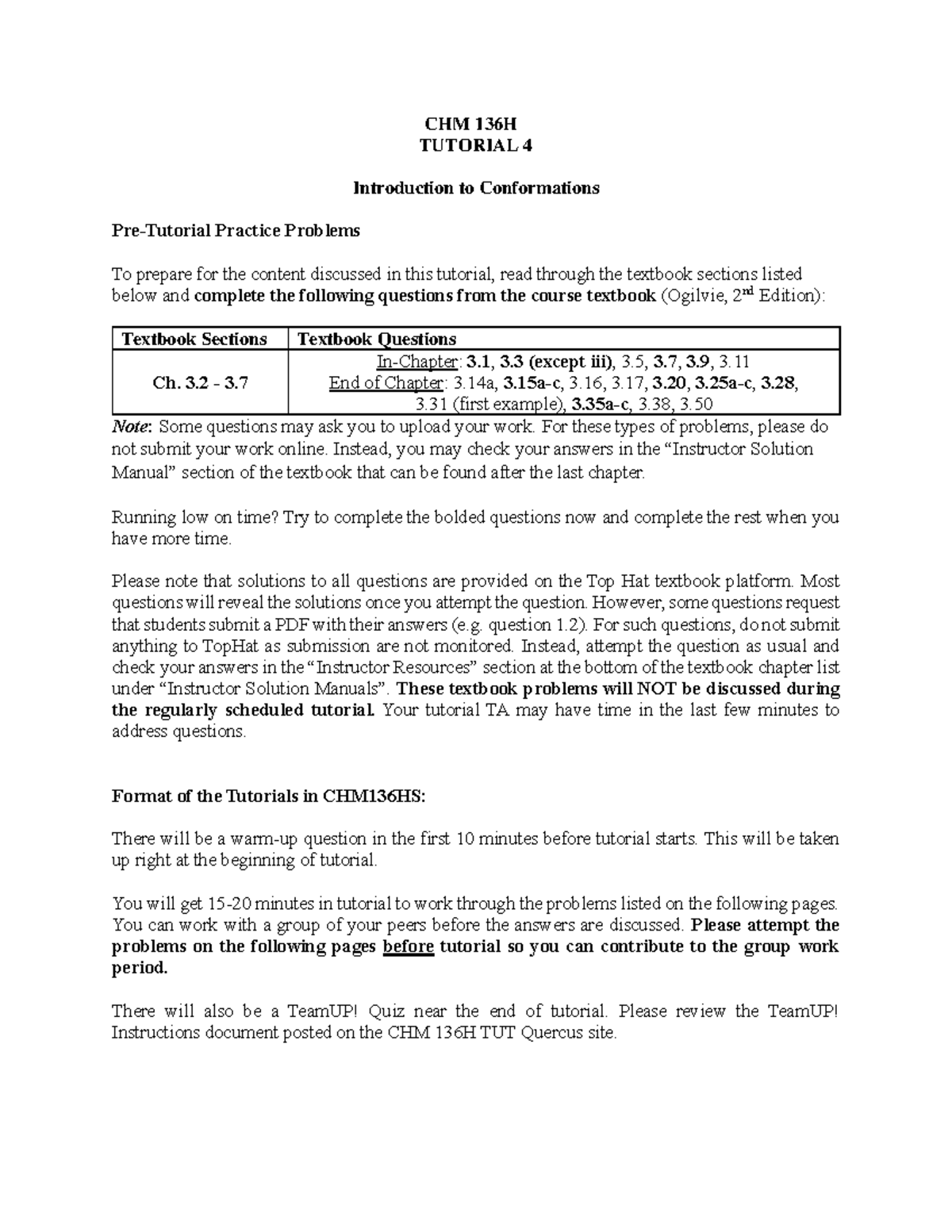 CHM 136H TUT 4: Pre-Tutorial Practice Problems on Conformations - Studocu