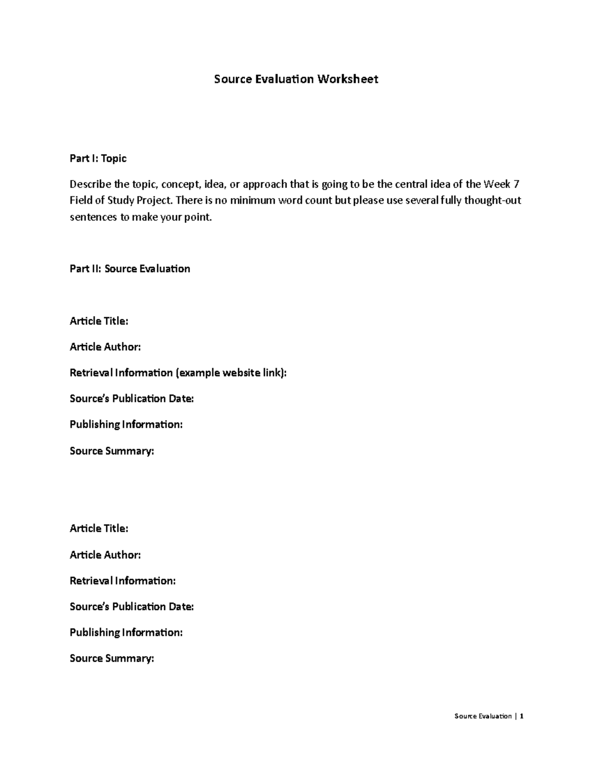 Source Evaluation Worksheet for Week 7 Field Project - Studocu