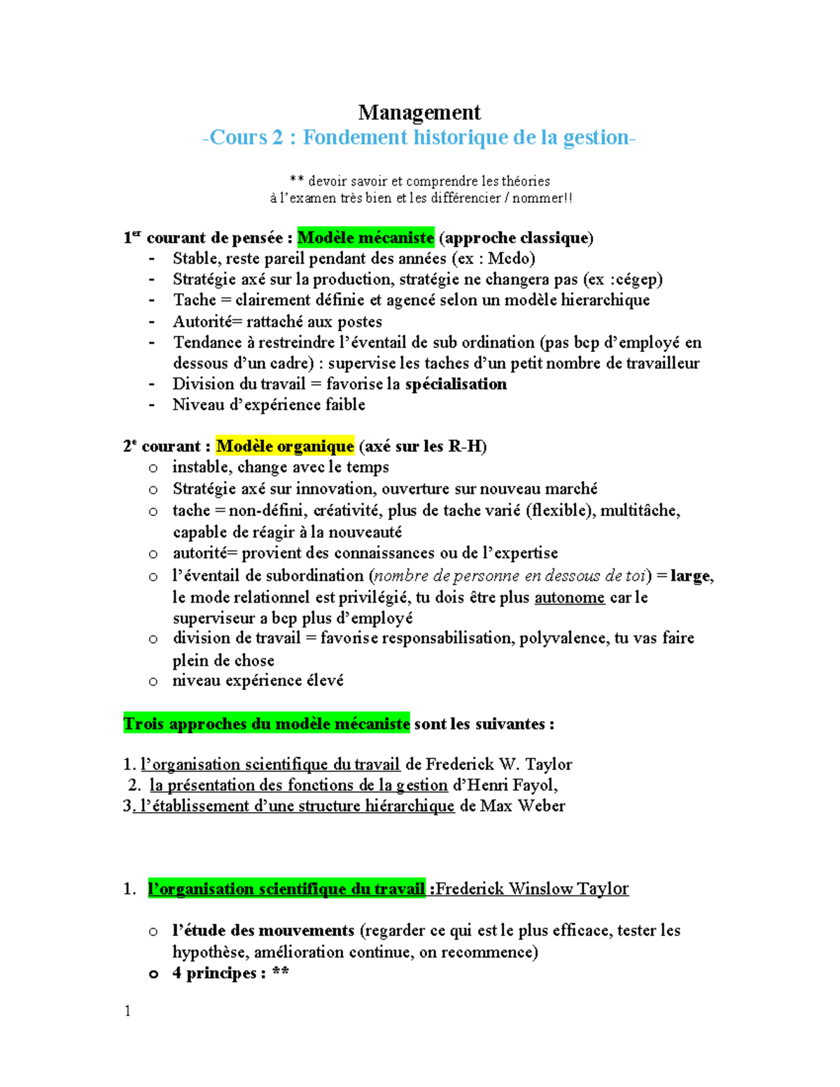 Management 2 : Fondements Historiques des Théories de Gestion - Studocu