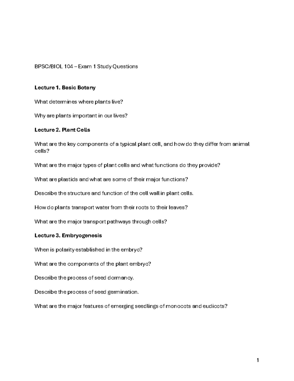BPSC/BIOL 104 – Study Questions for Exam 1 & Lecture Notes - Studocu