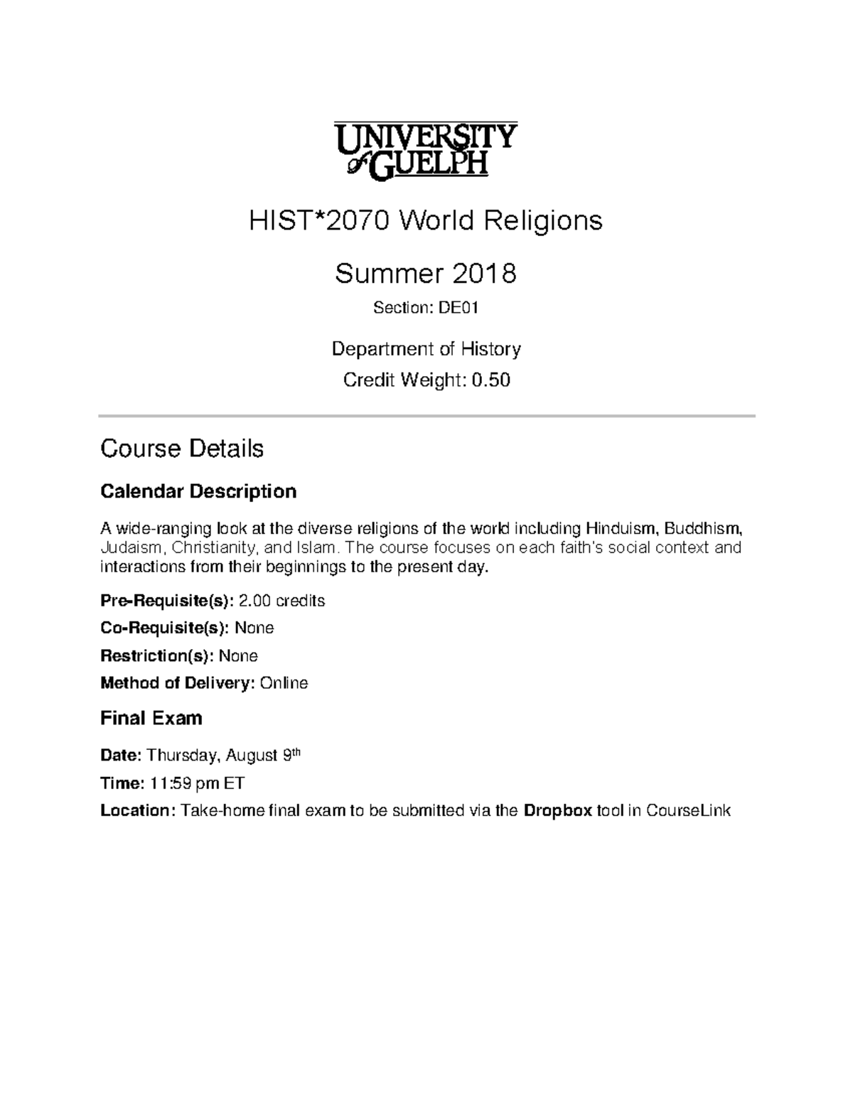 HIST2070DE World Religions Course Outline - Summer 2018 - Studocu