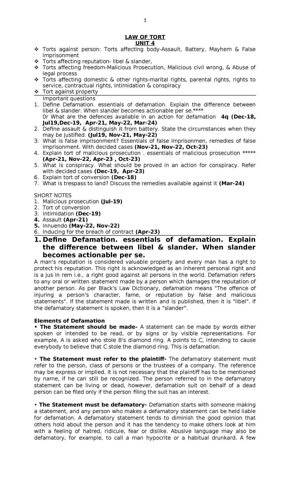 Unit 4 - Law of Tort: Torts Against Person and Property - Studocu