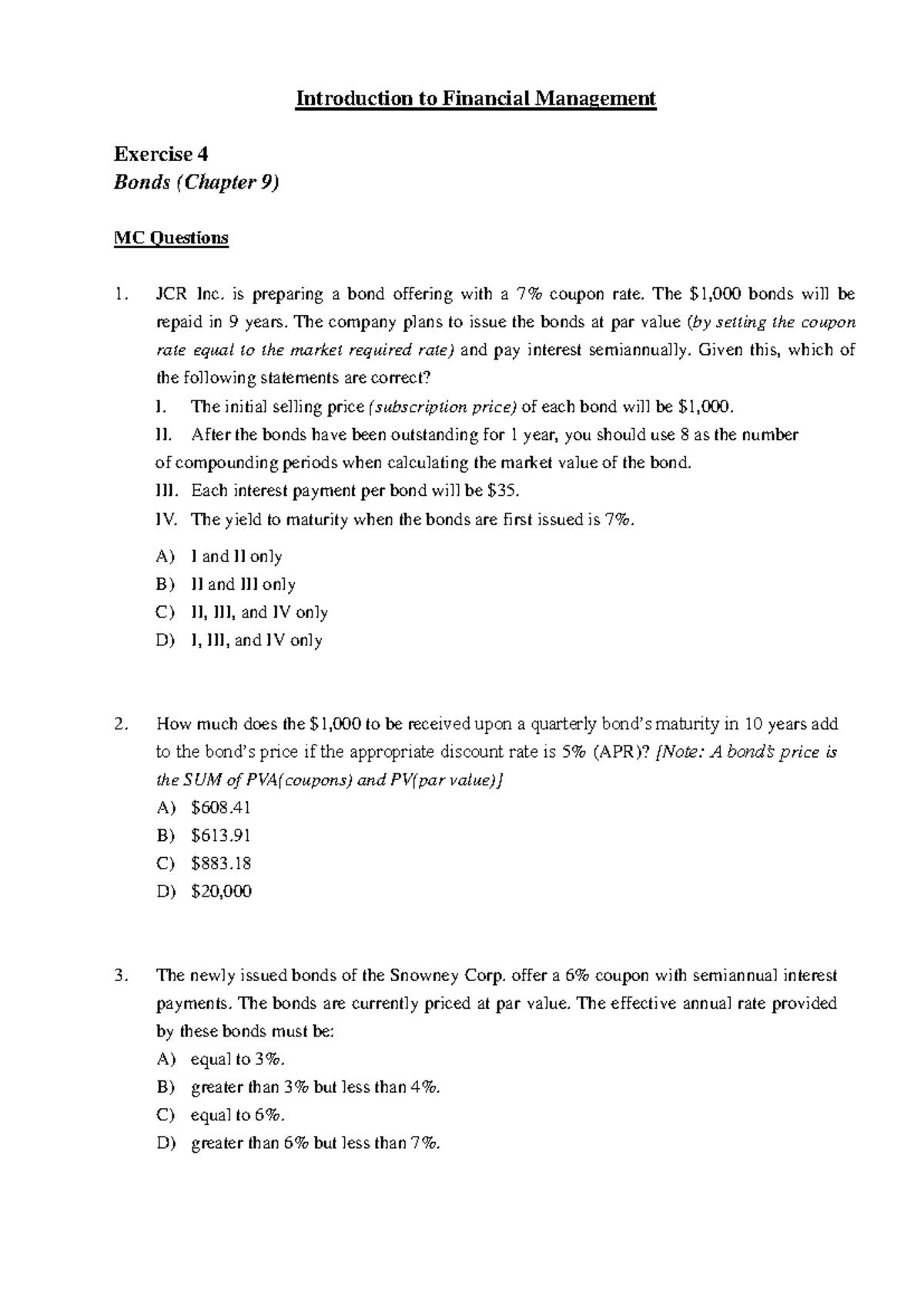 Financial Management Exercise 4: Bonds MC Questions (Topic 4) - Studocu