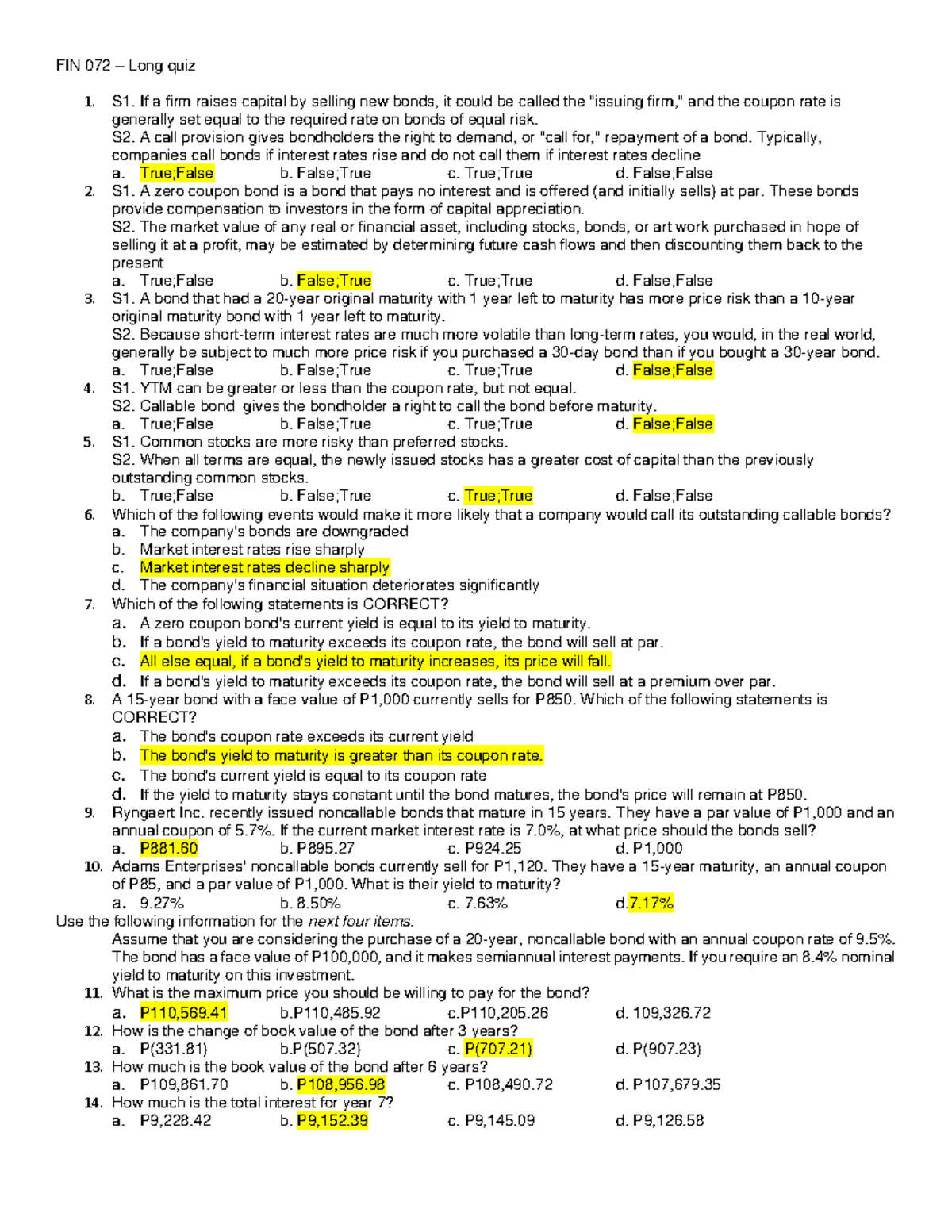 FIN 072 P2 Long Quiz Answer key - FIN 072 – Long quiz 1. S1. If a firm ...