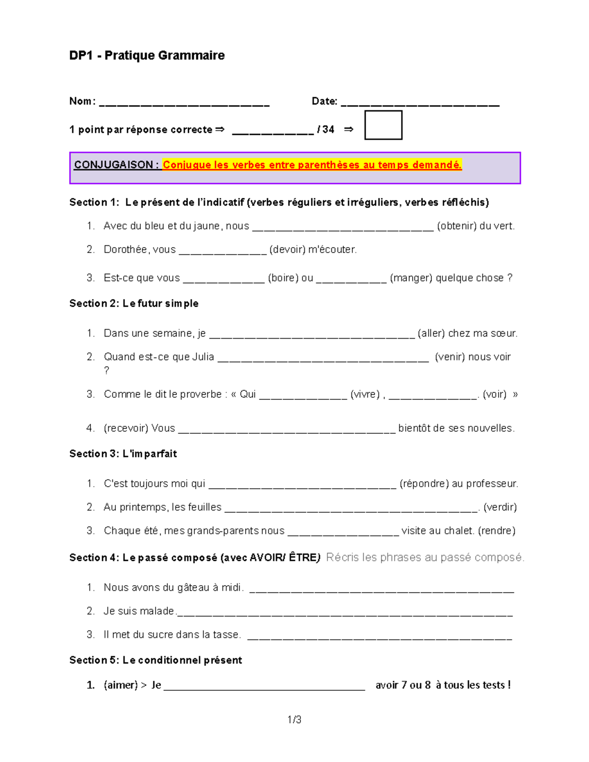 G11 Pratique Grammaire - Quiz sur la Conjugaison et les Pronoms - Studocu