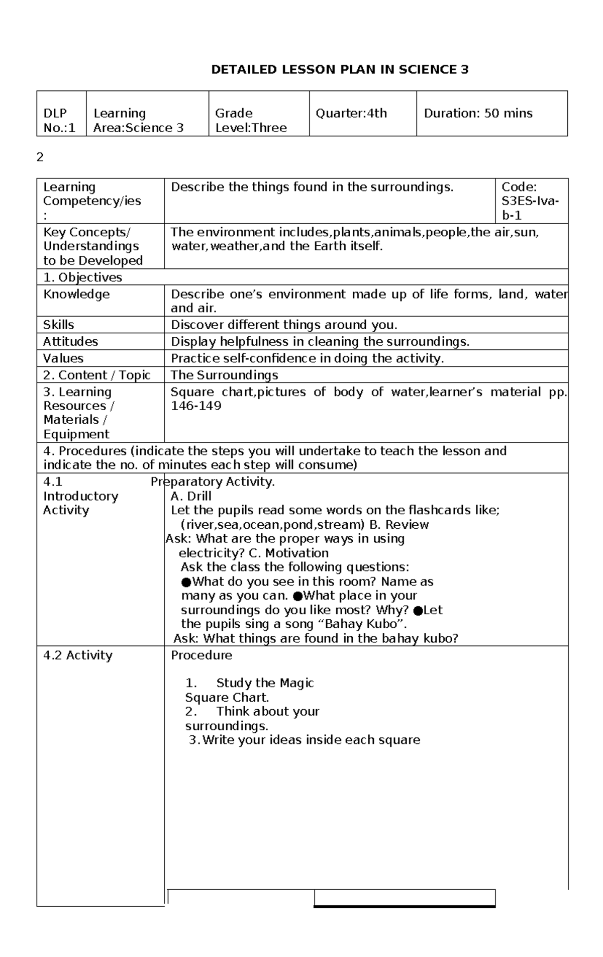 Detailed Lesson Plan in Science 3: Understanding Our Environment - Studocu